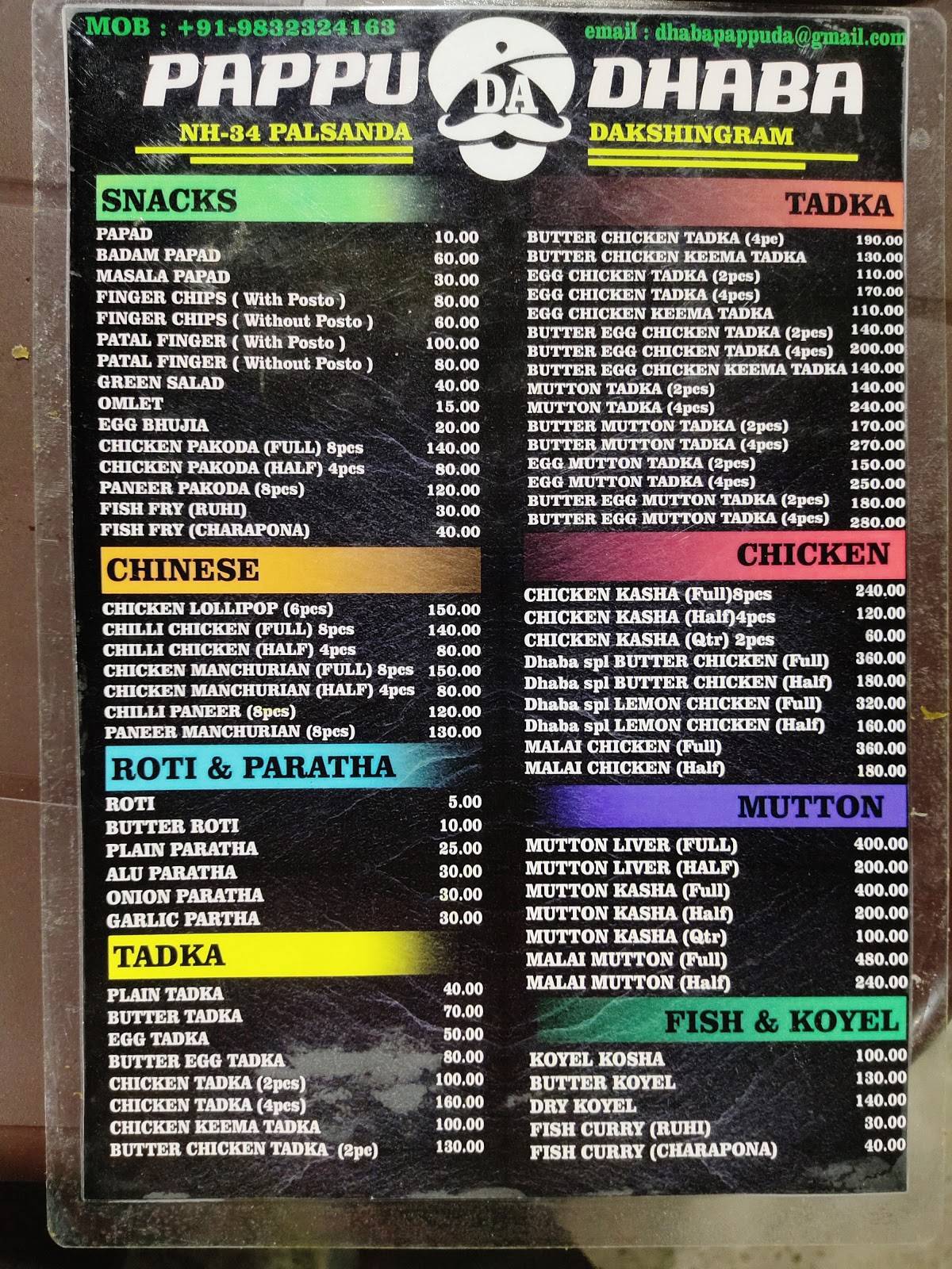 Menu at Pappu Da Dhaba, India, Dakshingram Palsanda