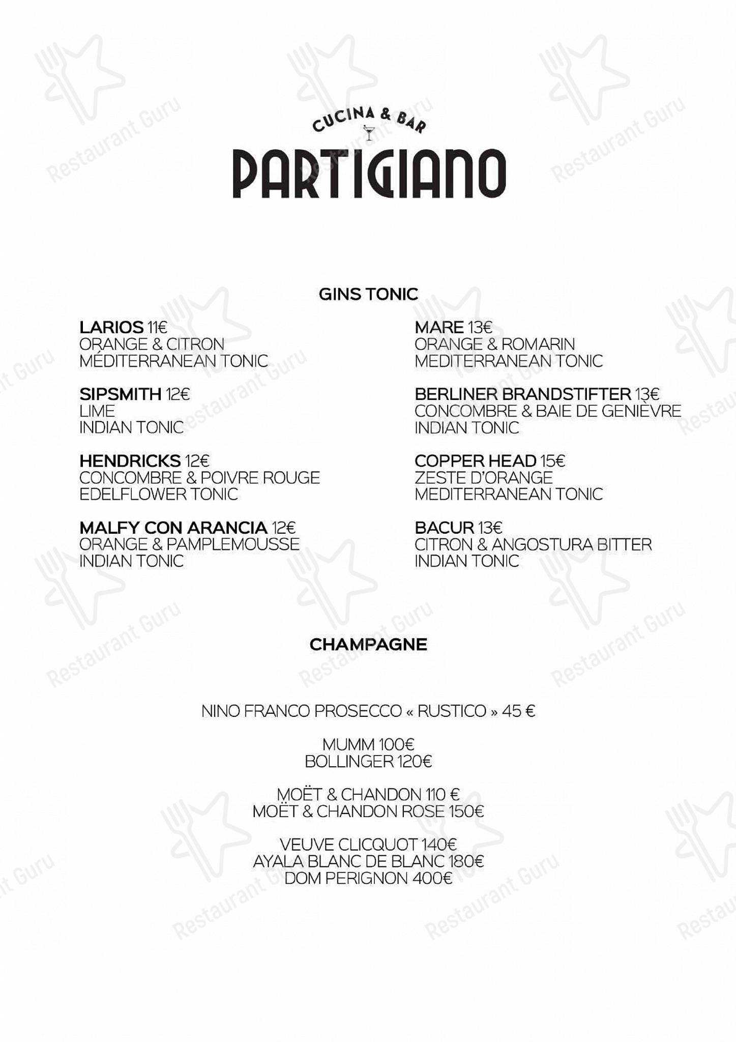 Menu au Partigiano restaurant, Luxembourg