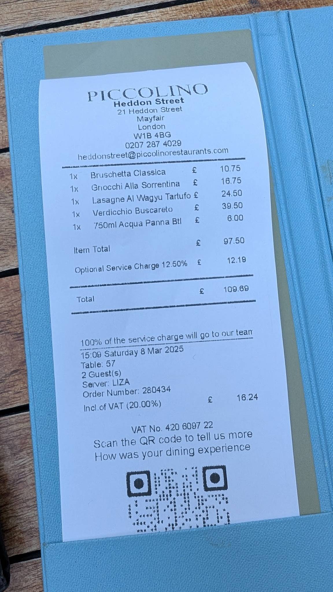 Menu at Piccolino Mayfair restaurant, London, 21 Heddon St