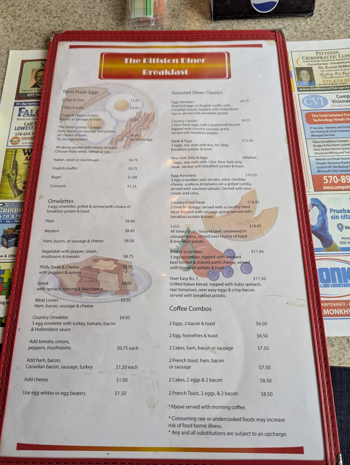 Menu at Pittston Diner restaurant, Pittston, 335 Laurel St