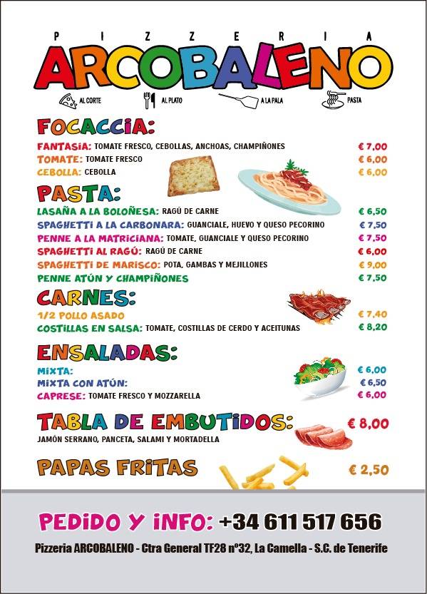 Menu at Pizzeria Arcobaleno, La Camella