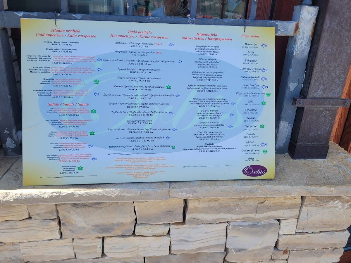 Menu at ORBIS pizzeria, Stobreč