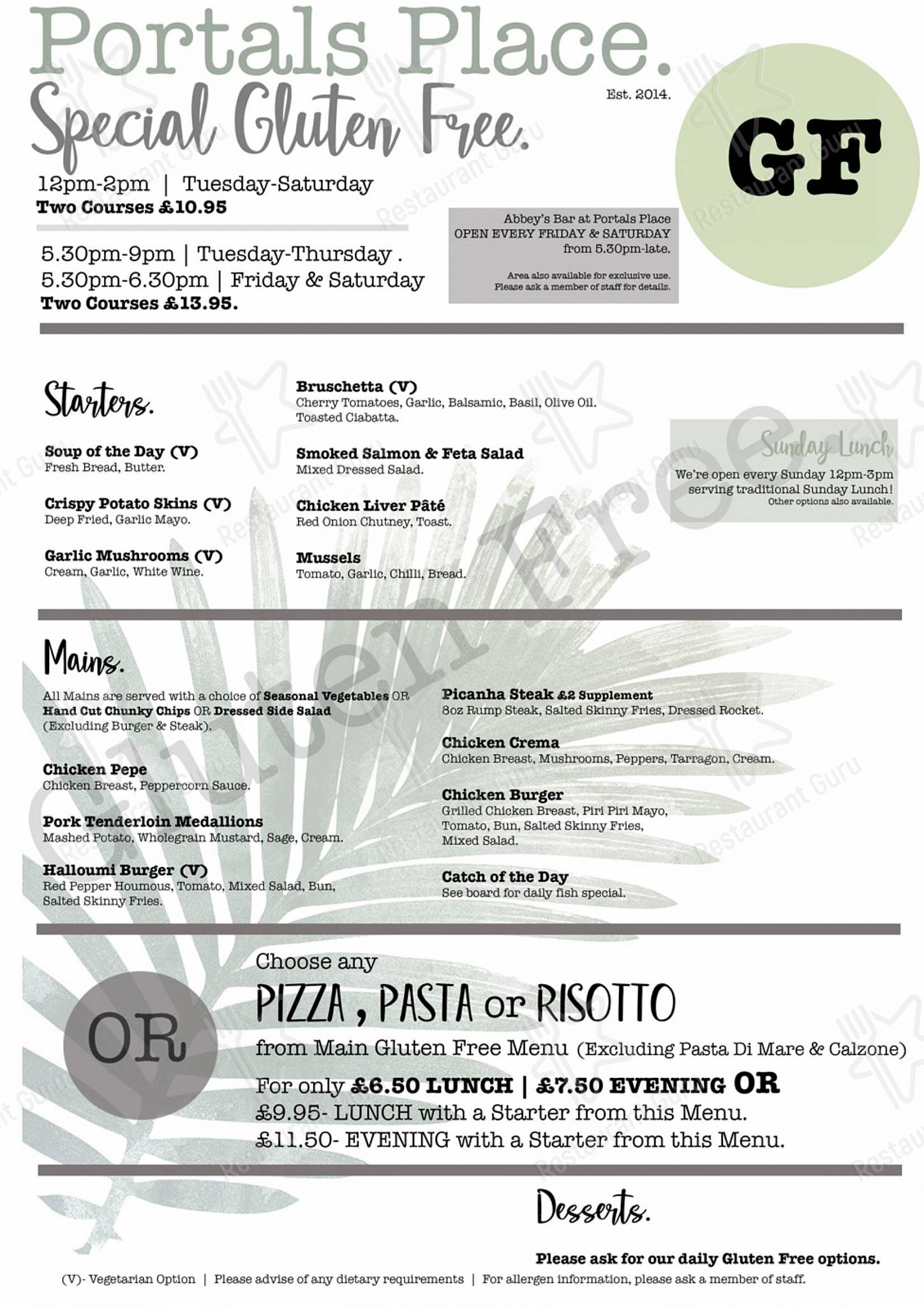 Menu at Portals Place restaurant, Hartlepool, 8 The Front