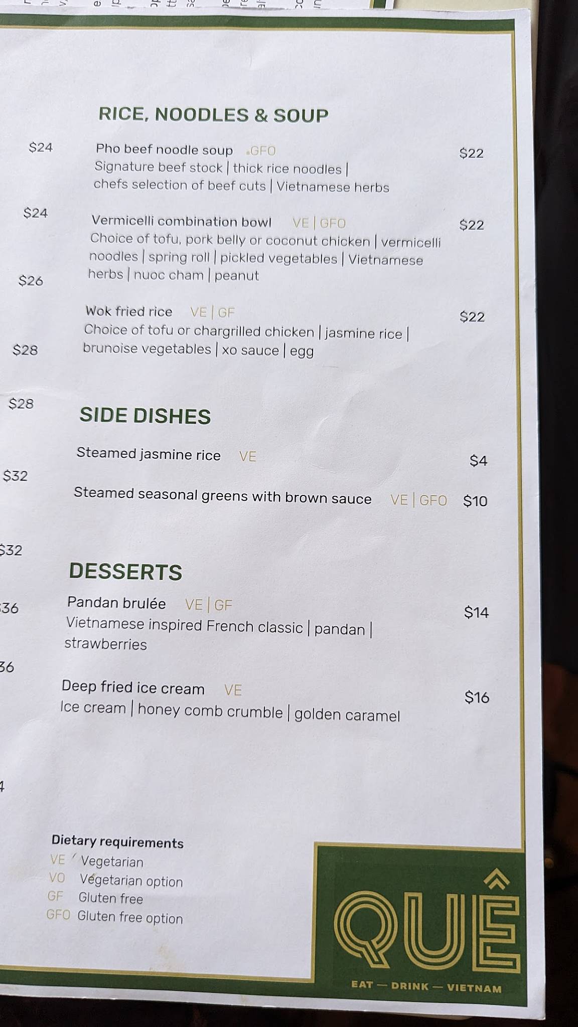 Menu at Quê Dining restaurant, Newport