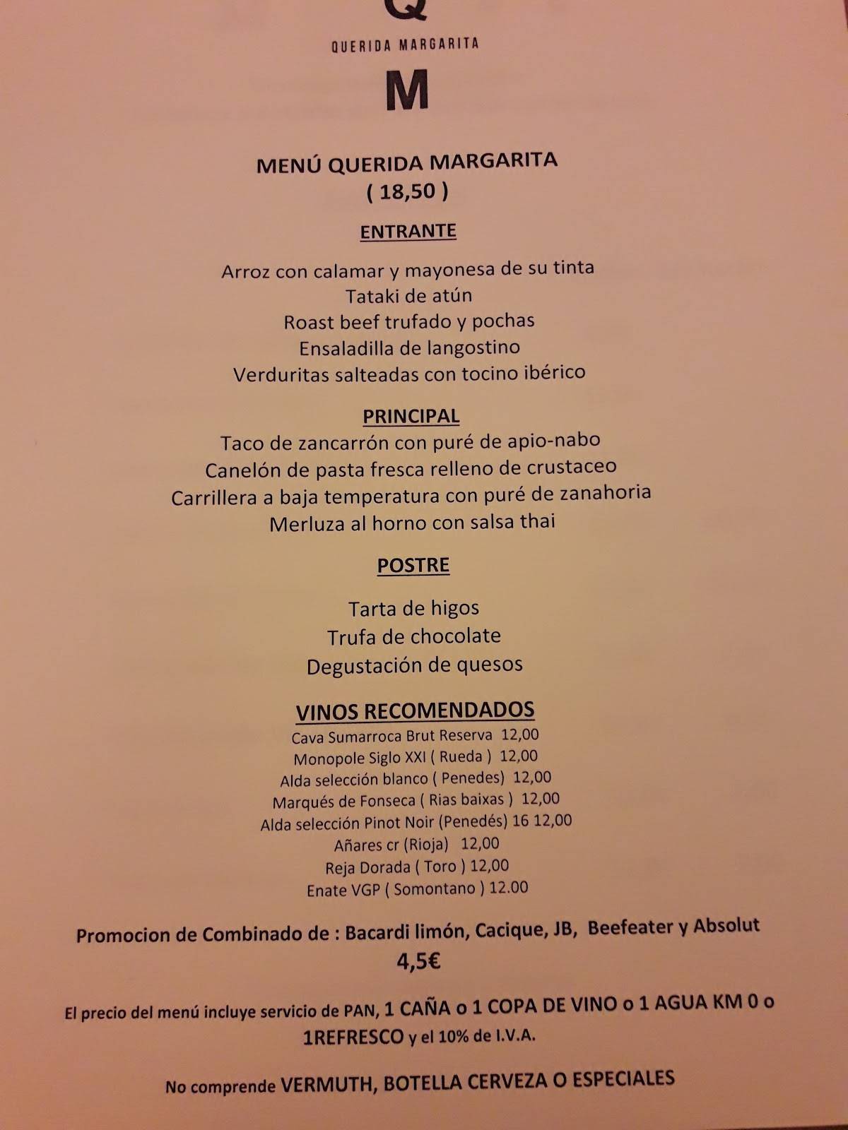 Carta del restaurante Querida Margarita, Santander, C. Andrés del Río