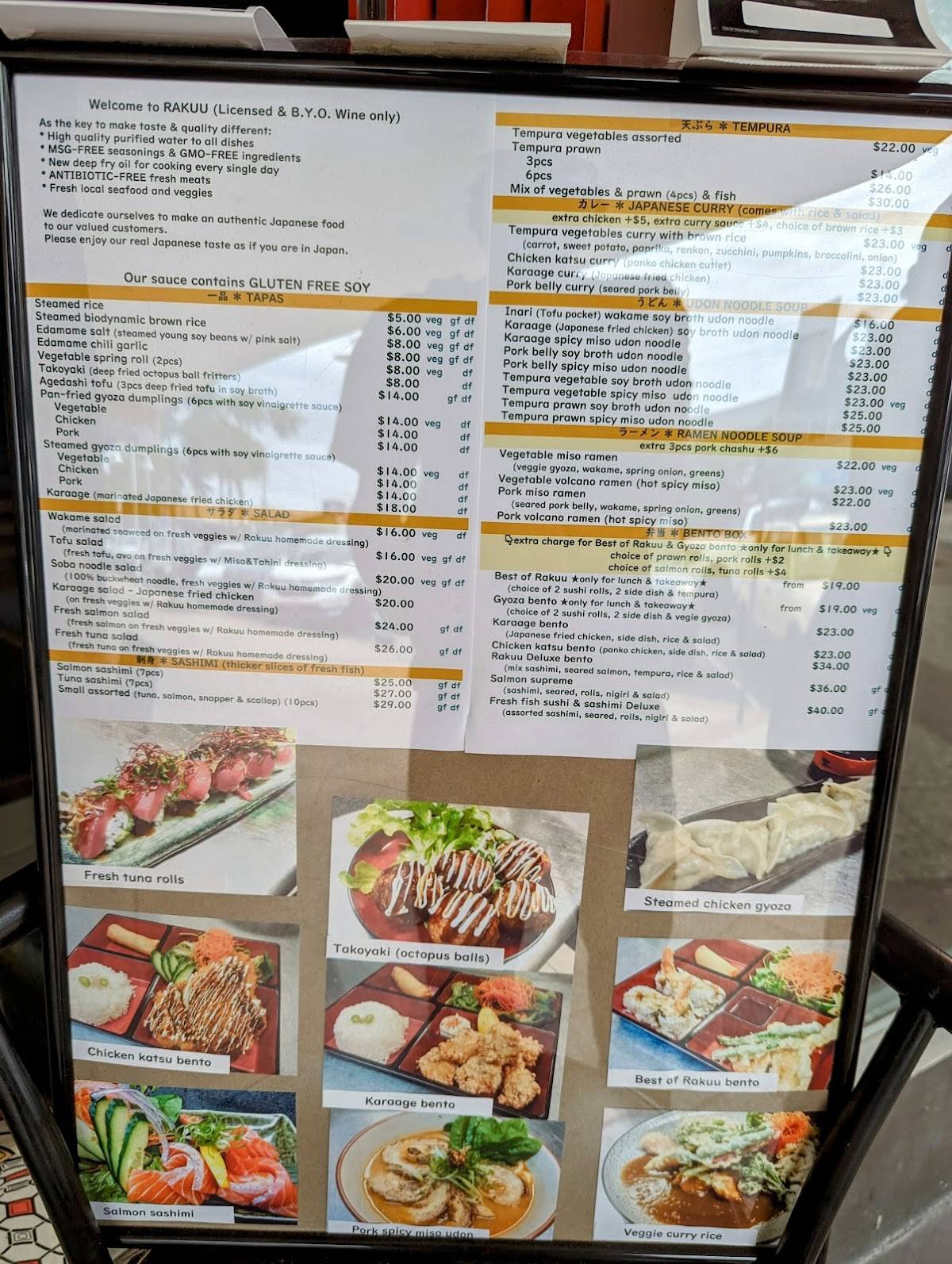 Menu at Rakuu restaurant, Ballina