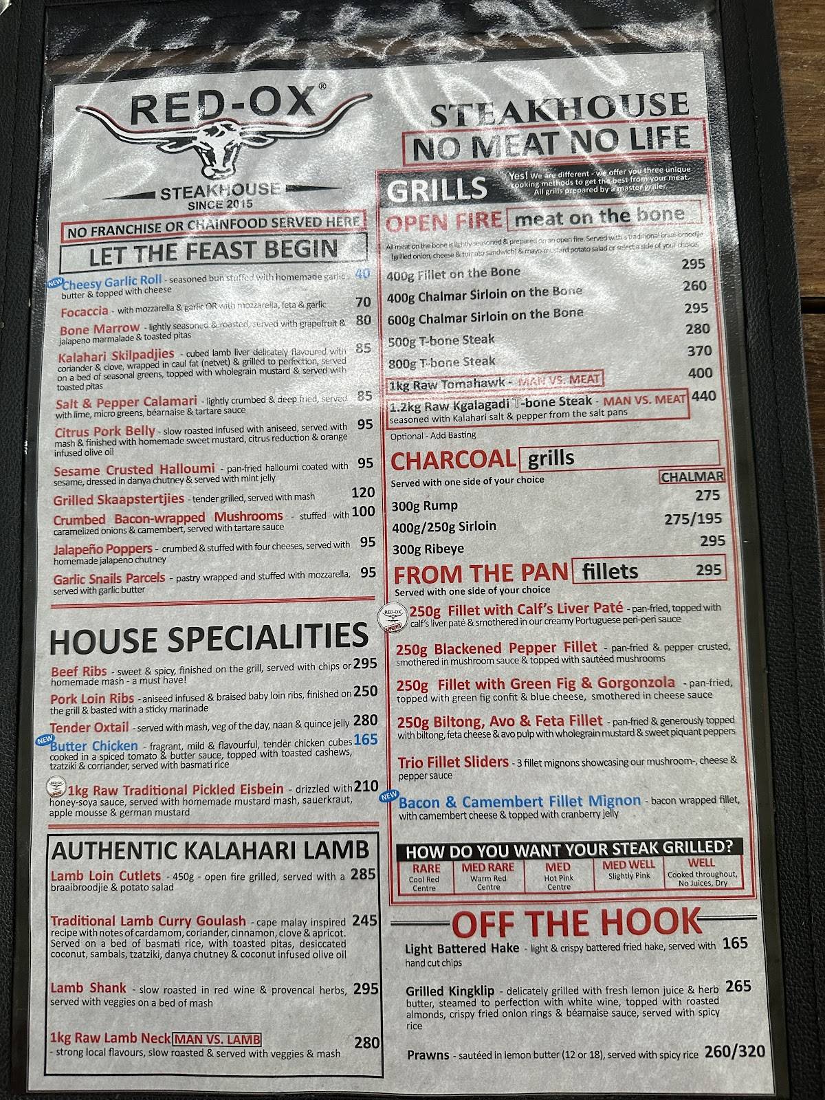 Menu bij Red Ox Steakhouse, Upington