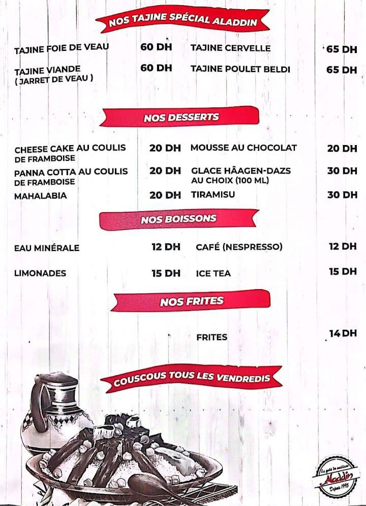 Carta de Restaurant Aladdin Dar Bouazza, Tamaris