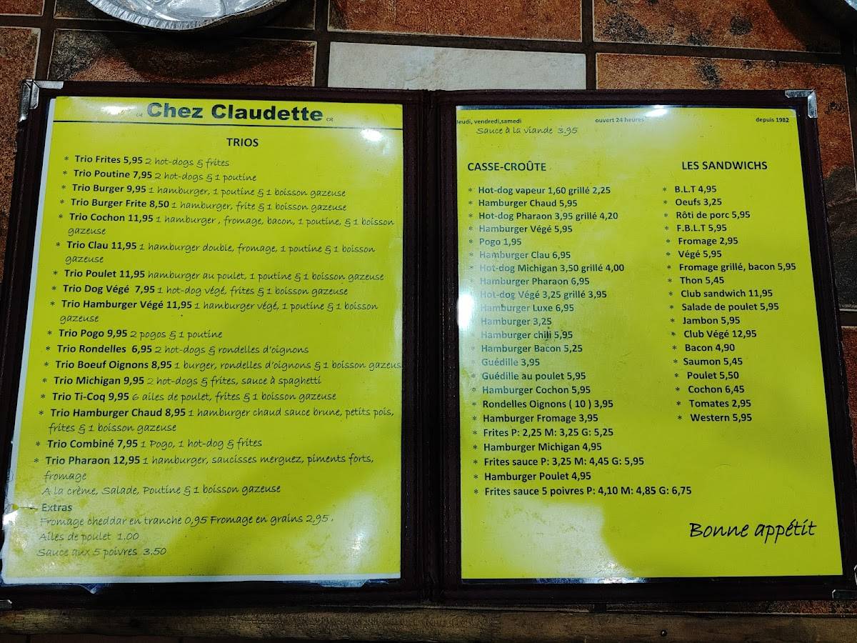 Menu at Restaurant Chez Claudette, Montréal