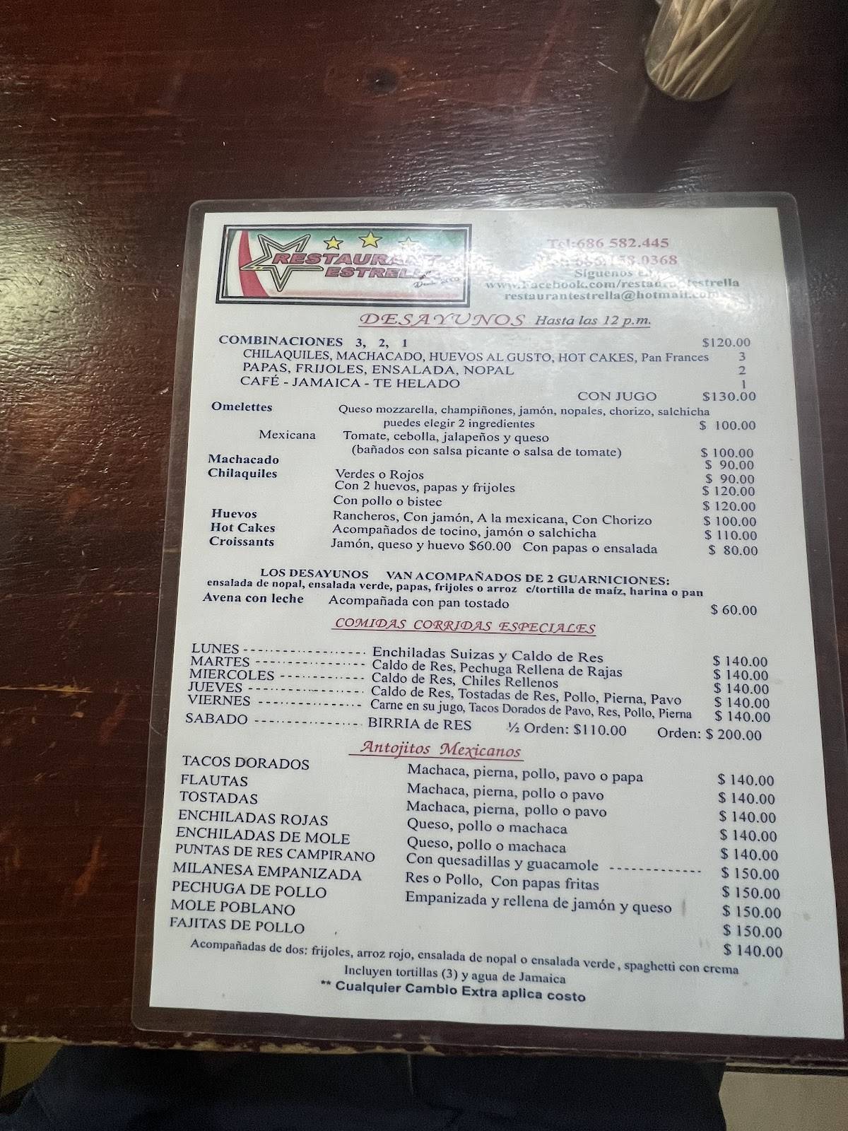 Menu at Restaurant Estrella, Mexicali