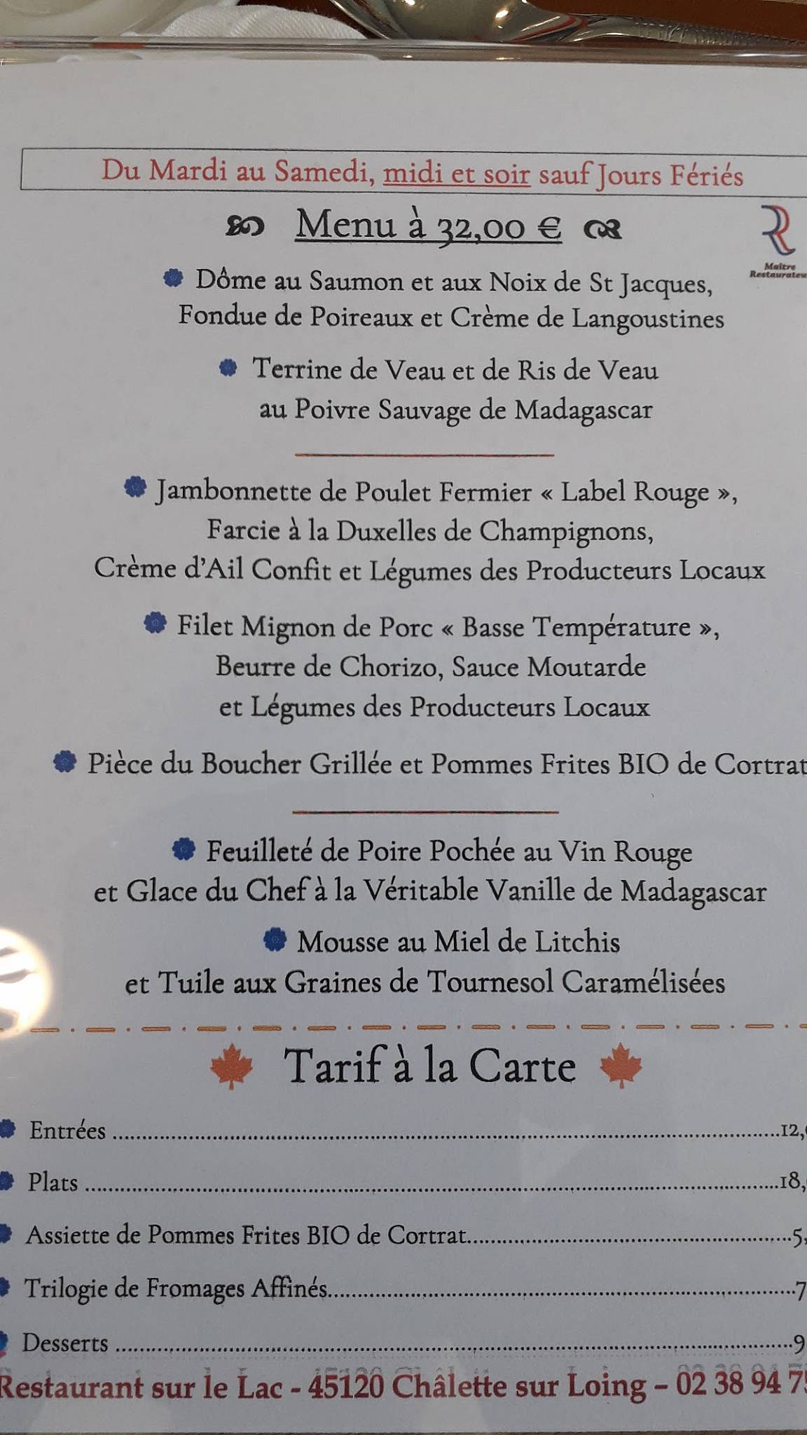 Menu au Restaurant Sur le Lac, Châlette-sur-Loing, Rue du Gué aux Biches