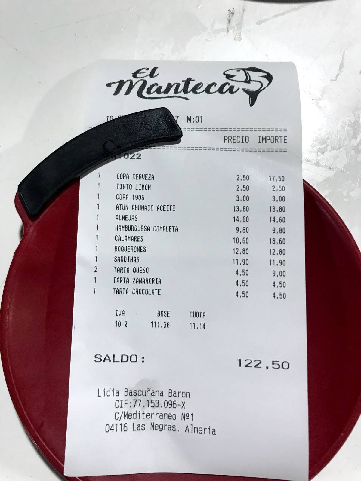 Carta de Restaurante El Manteca, Las Negras