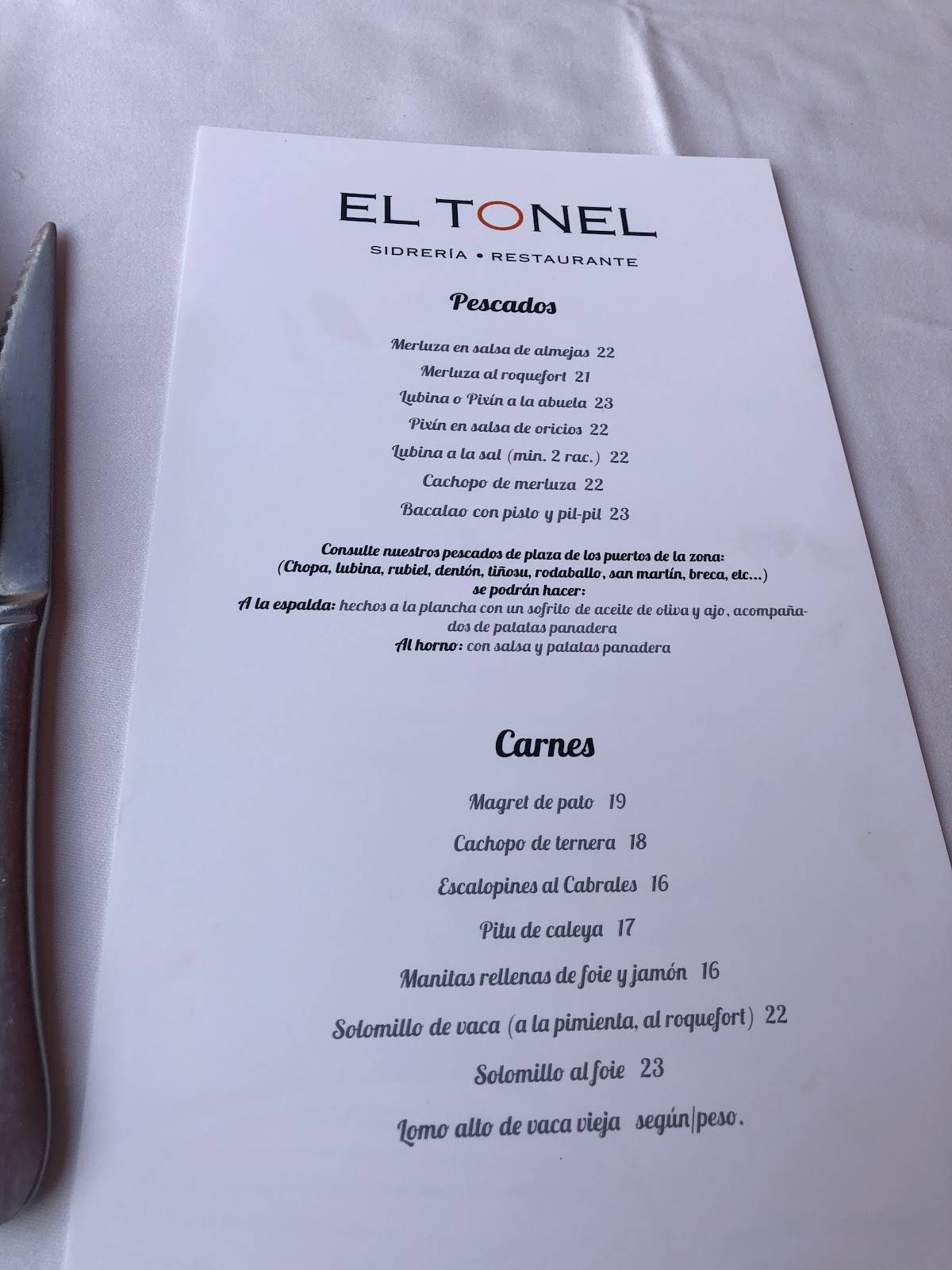 Carta de Restaurante El Tonel, Villaviciosa