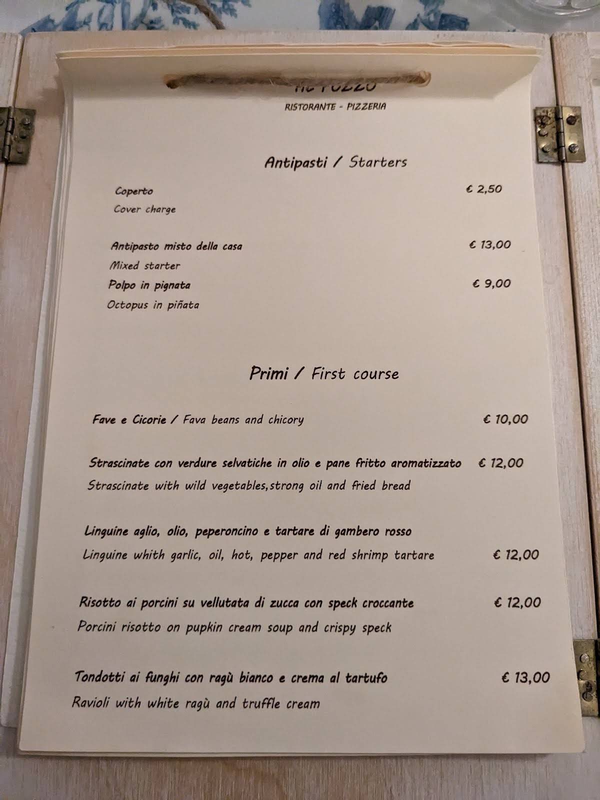 Menu da Ristorante Al Pozzo, Castellana Grotte, Via Polignano