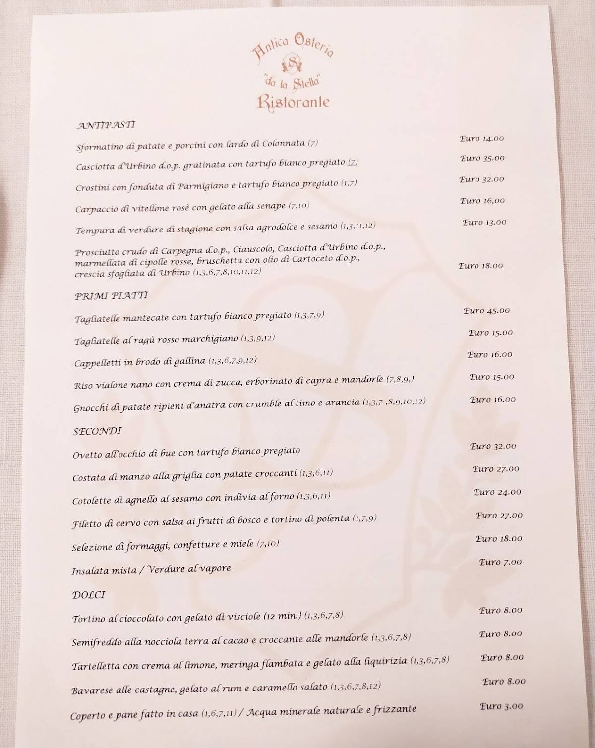 Menu da Ristorante Antica Osteria Da La Stella, Urbino