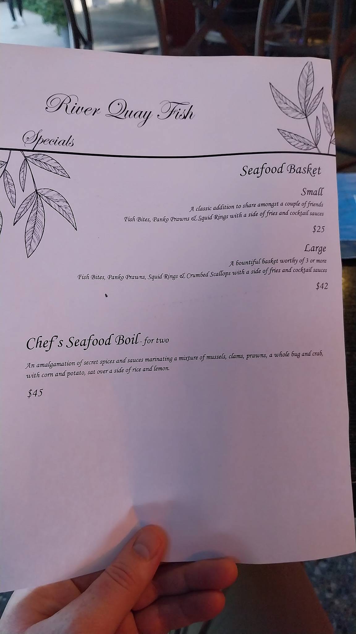 Menu at River Quay Fish restaurant, Brisbane City