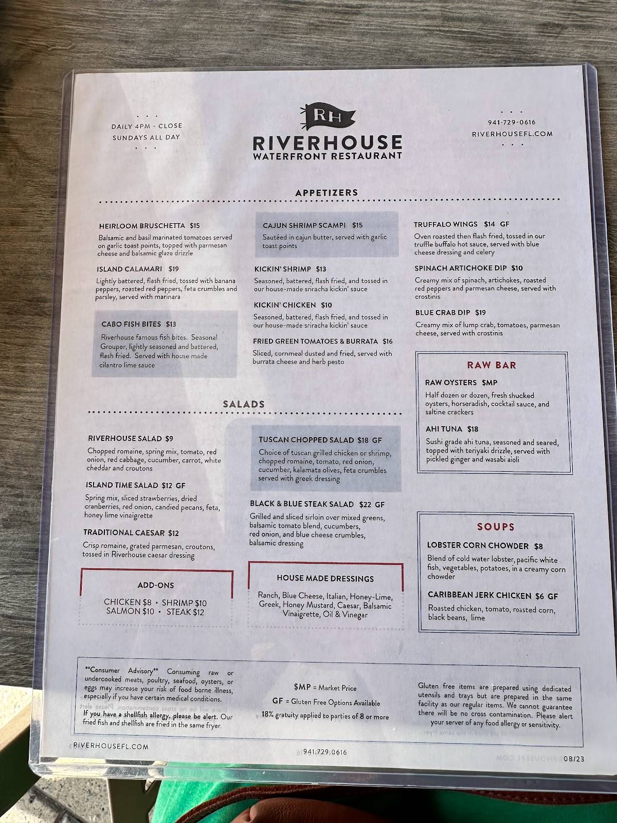 Menu at Riverhouse Waterfront Restaurant, Palmetto, 995 Riverside Dr