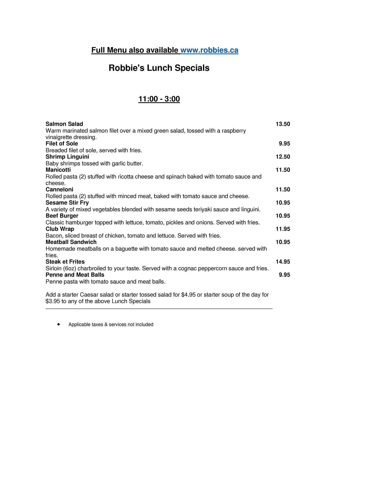 Menu at Robbie's restaurant, Ottawa, St. Laurent Blvd