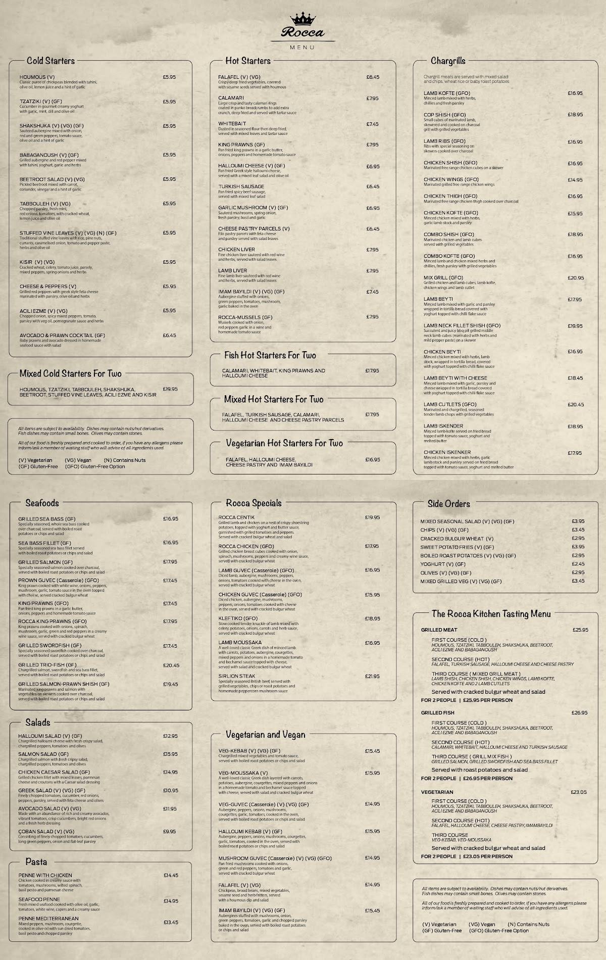 Menu at Rocca Mediterranean Kitchen & Cocktail Bar, East Grinstead
