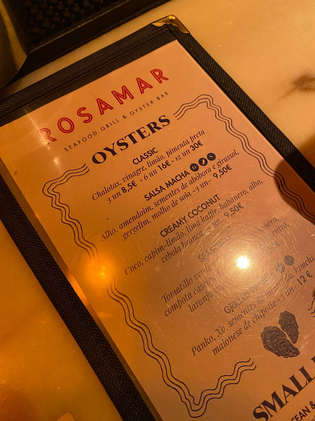 Menu at Rosamar restaurant, Lisbon