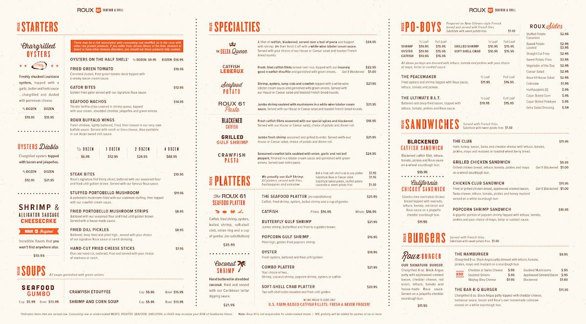 Menu at Roux 61 Seafood & Grill restaurant, Baton Rouge