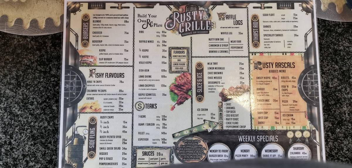 Menu at Rusty Grille restaurant, Bela-Bela