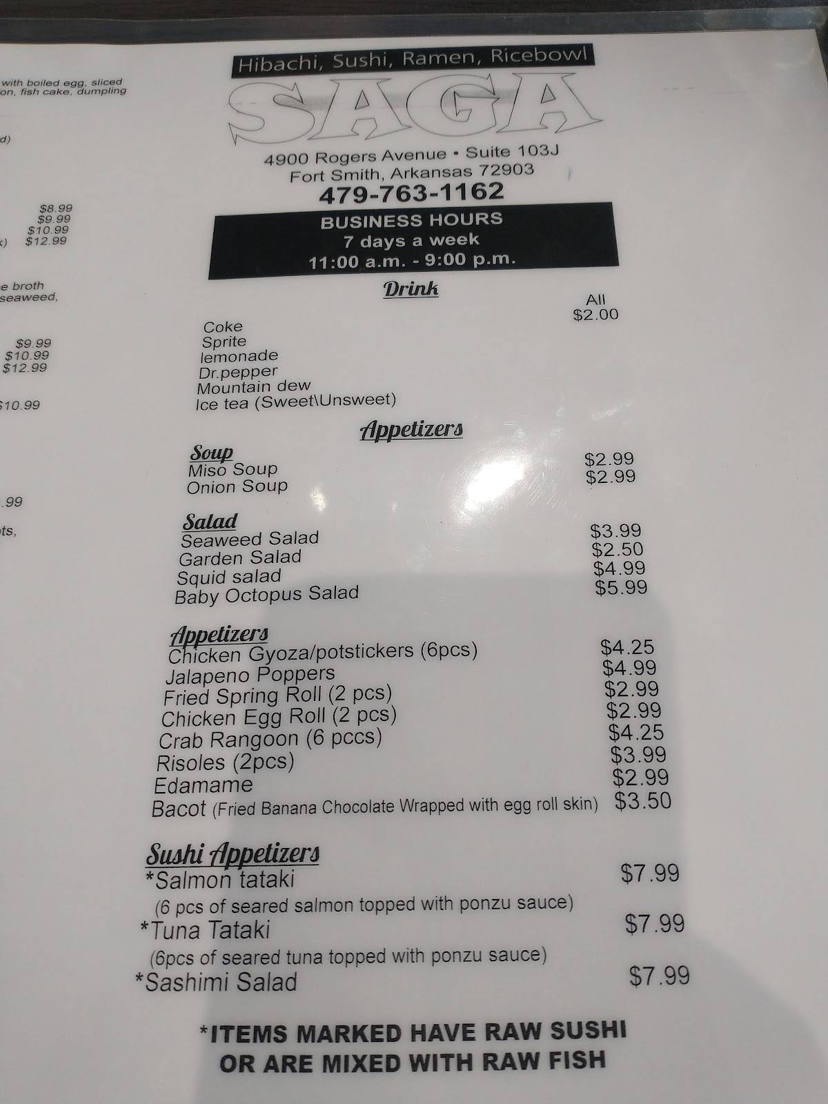 Menu at Saga restaurant, Fort Smith