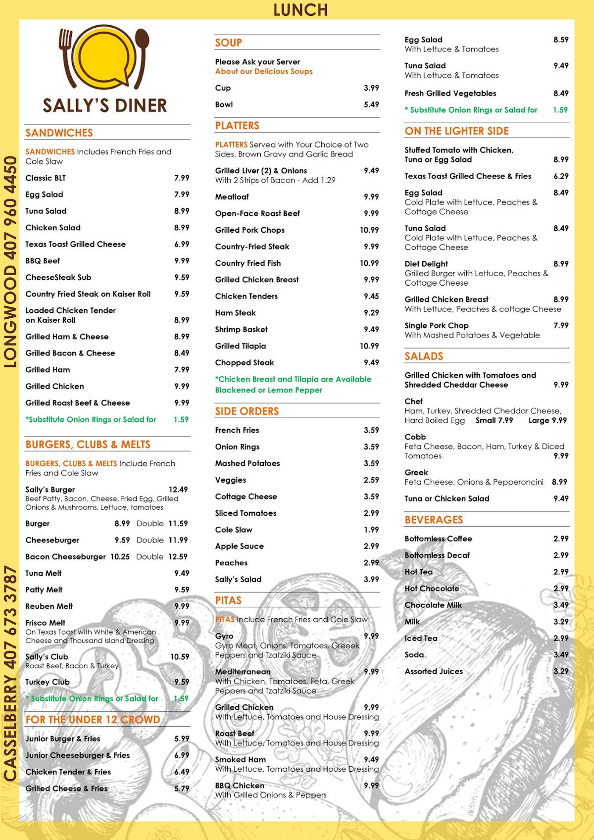 Menu at Sally's Diner restaurant, Longwood