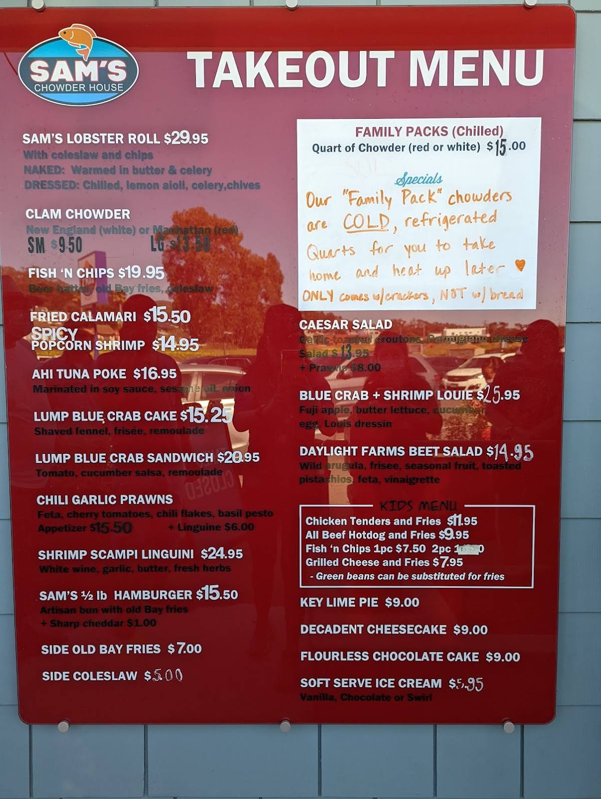 Menu at Sam's Chowder House restaurant, Half Moon Bay