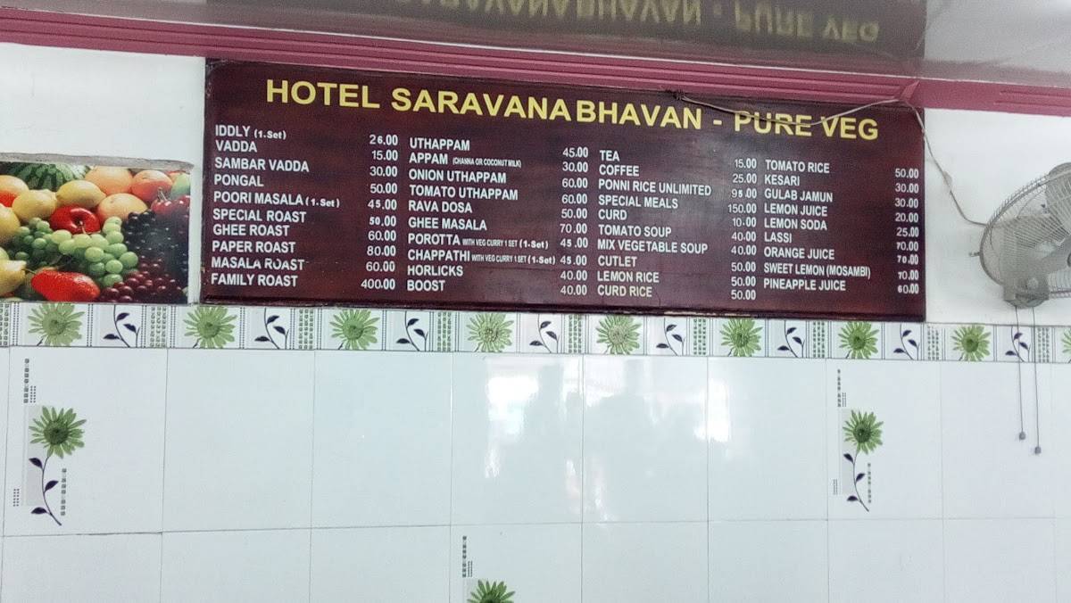 Menu at Saravana Bhavan, Munnar, 33P5+VVX