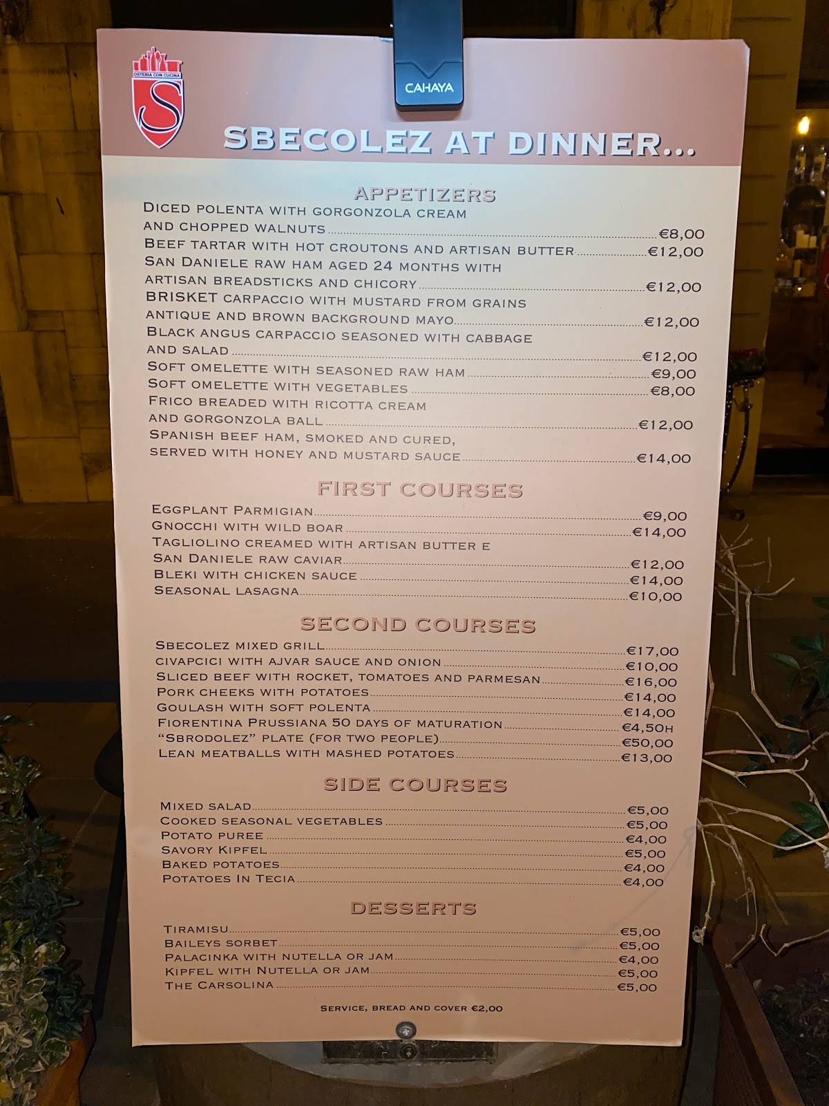 Menu at Sbecolez Trieste restaurant, Trieste