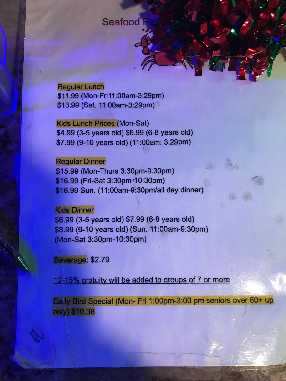 Menu at Seafood Palace Buffet restaurant, Annapolis