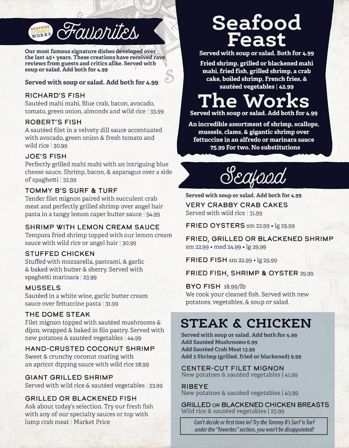 Menu at Seafood & Spaghetti Works restaurant, Port Aransas