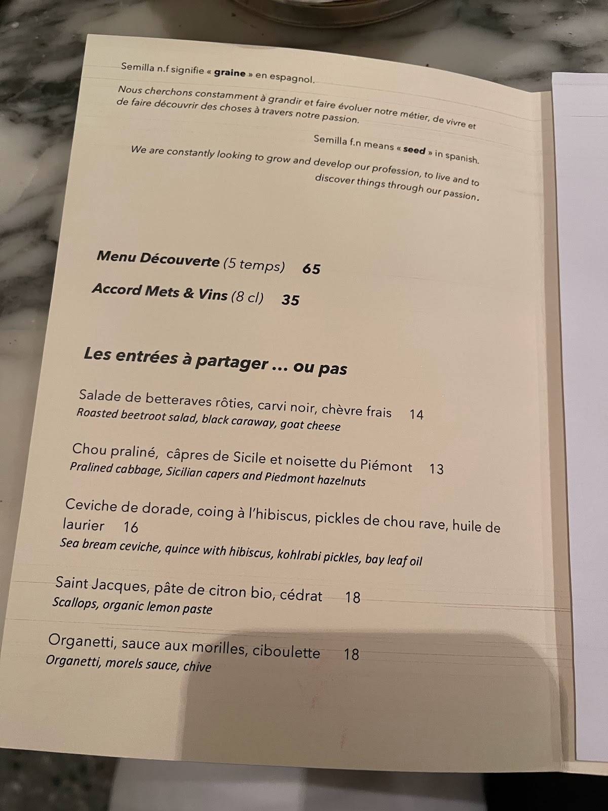 Menu at Semilla restaurant, Paris, 54 Rue de Seine