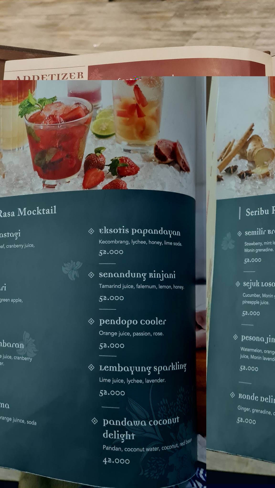 Menu at Seribu Rasa restaurant, Jakarta, Plaza Indonesia