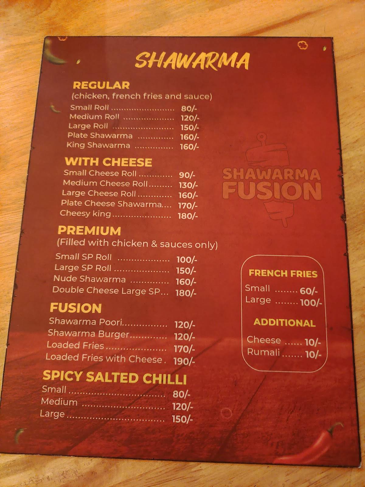 Menu at Shawarma Fusion, Manjeri