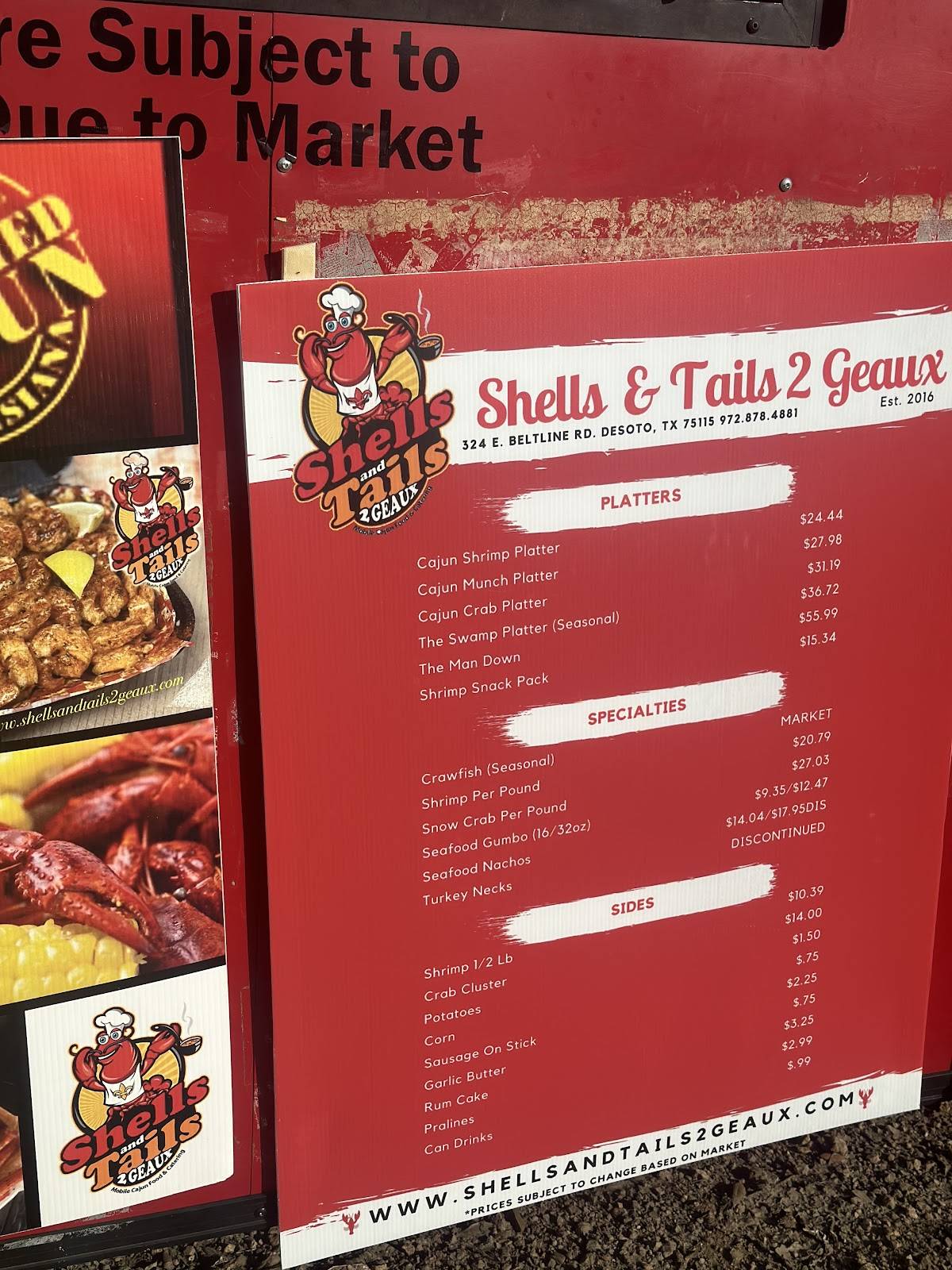 Menu at Shells and Tails 2 Geaux restaurant, DeSoto
