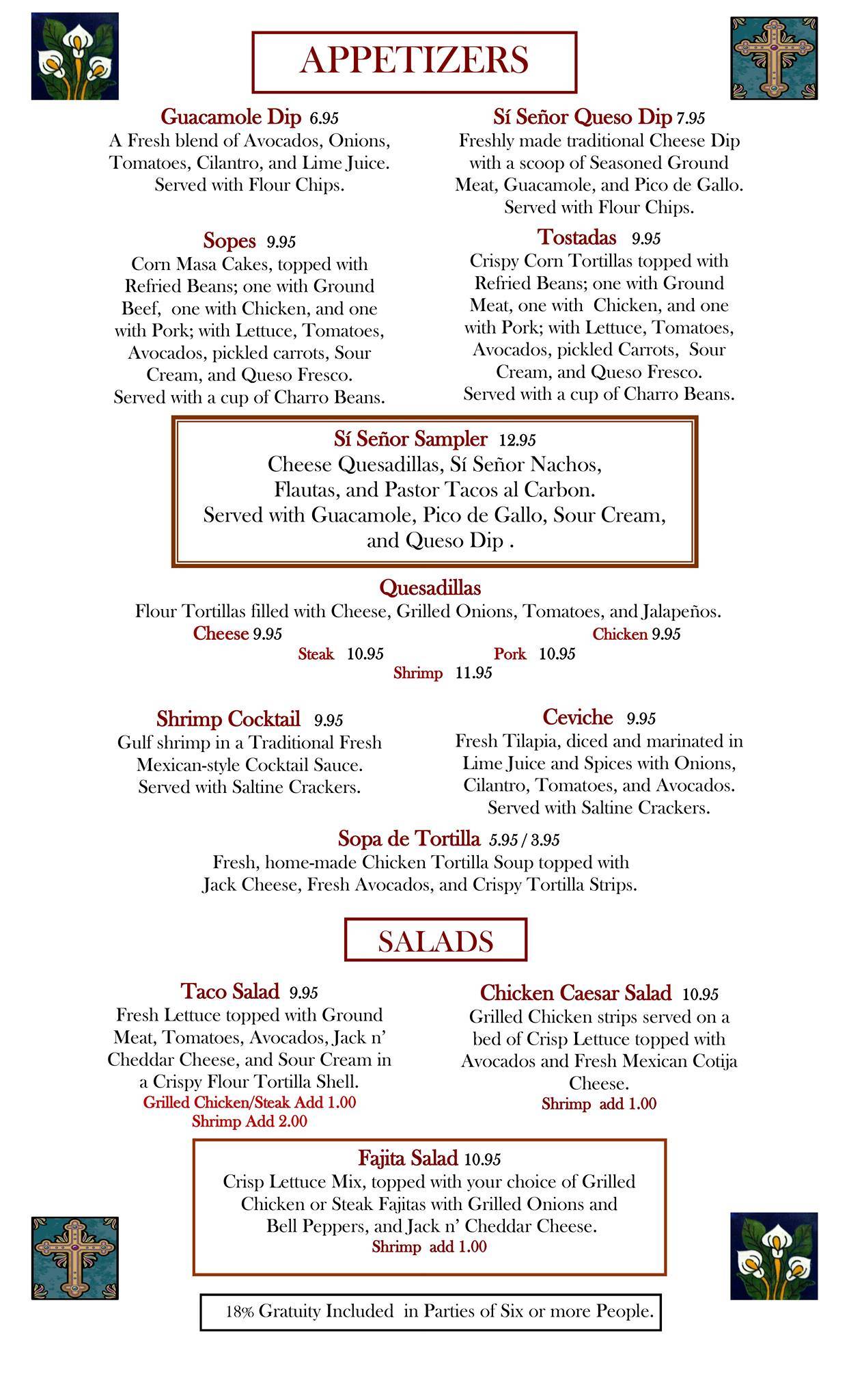 Menu at Si Señor restaurant, Bayou Vista