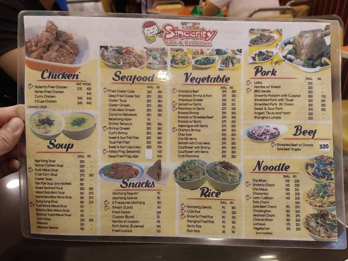 Menu at Sincerity Restaurant, Manila, 519 Quintin Paredes