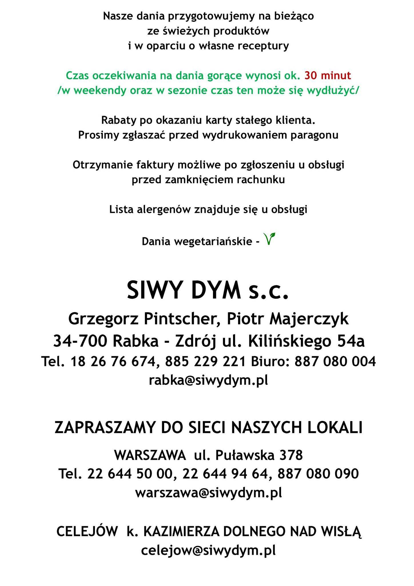 Menu at Siwy Dym restaurant, Rabka