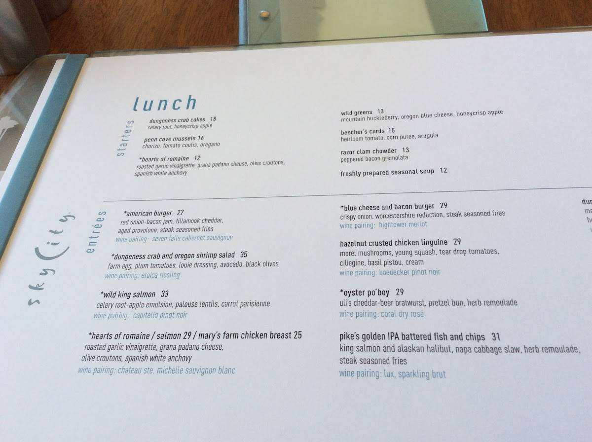Menu at Sky City at the Space Needle restaurant, Seattle