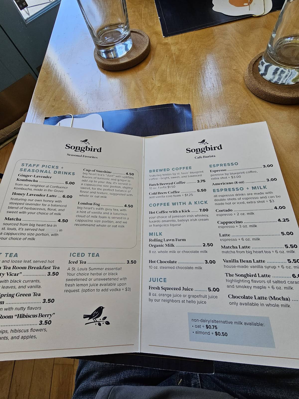 Menu at Songbird restaurant, St. Louis
