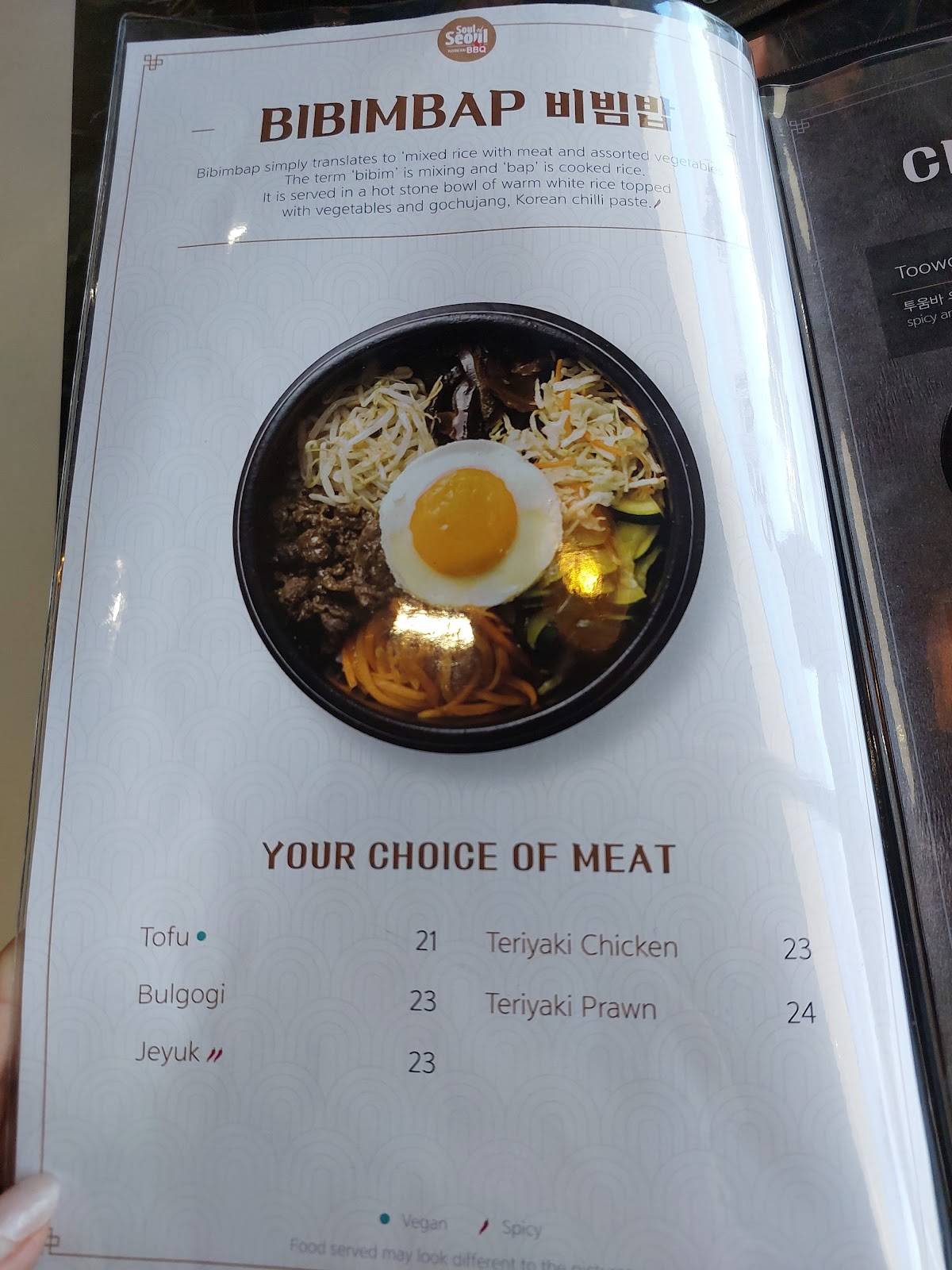 Menu at Soul of Seoul restaurant, Thrumster
