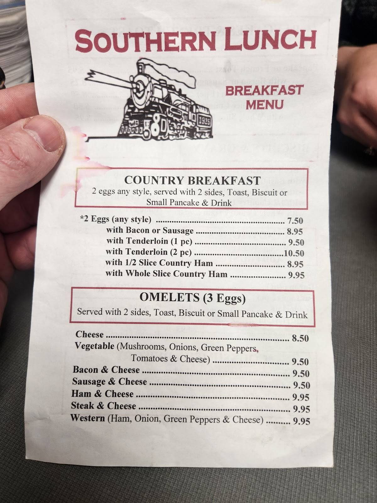 Menu at Southern Lunch restaurant, Lexington
