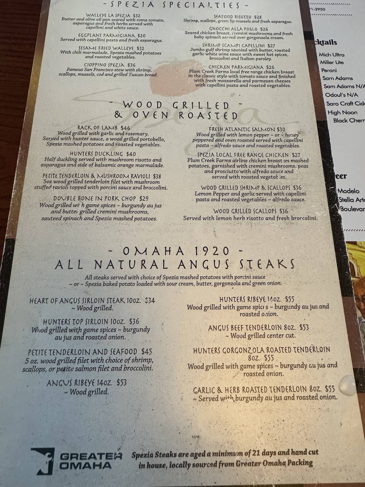 Menu at Spezia restaurant, Omaha