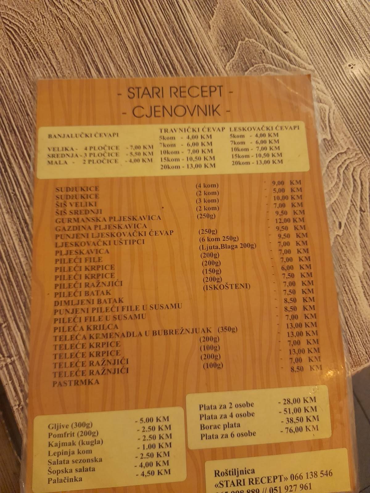Menu at Stari recept restaurant, Banja Luka