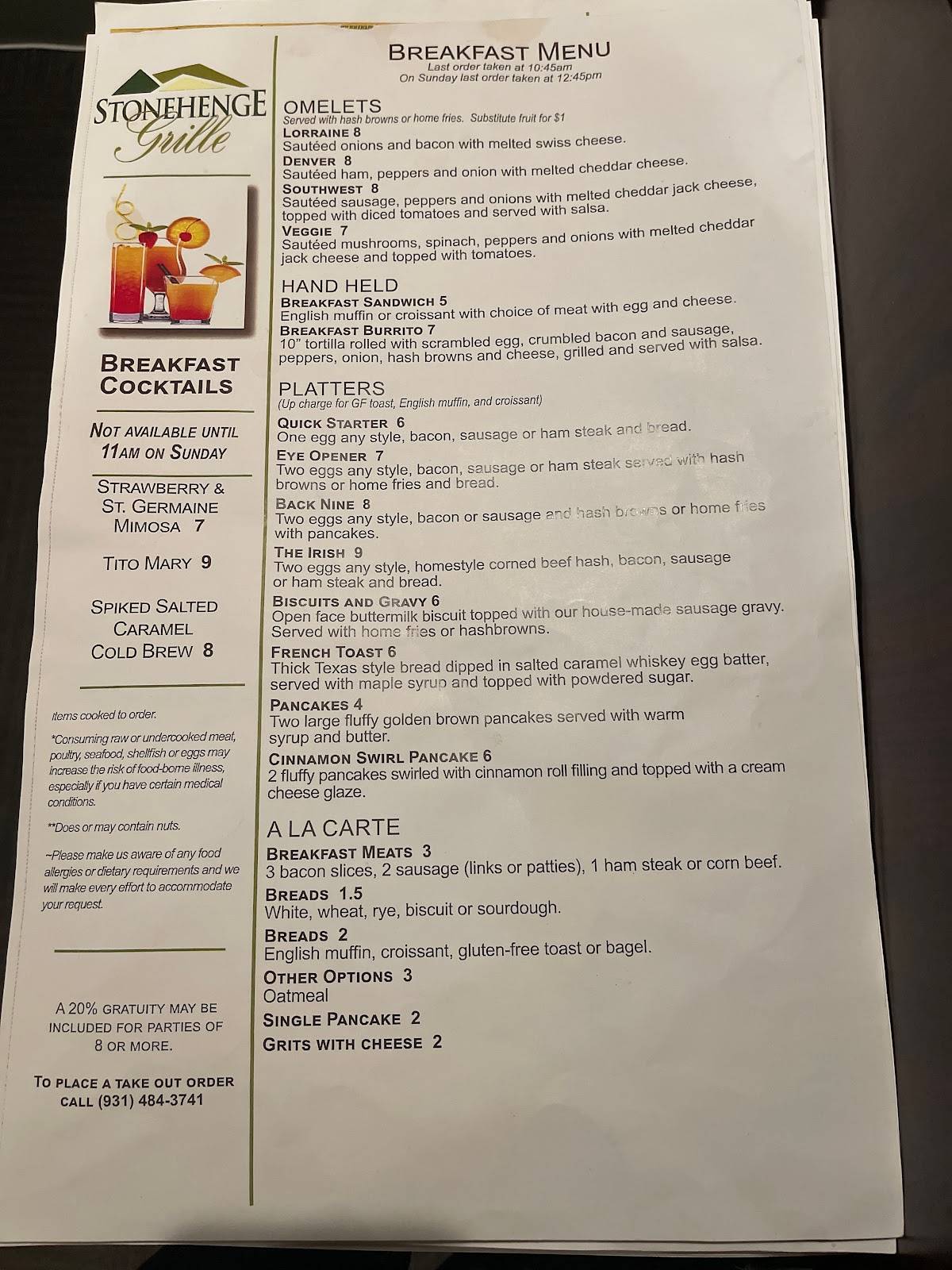 Menu at Stonehenge Grille restaurant, Fairfield Glade, 222 Fairfield Blvd