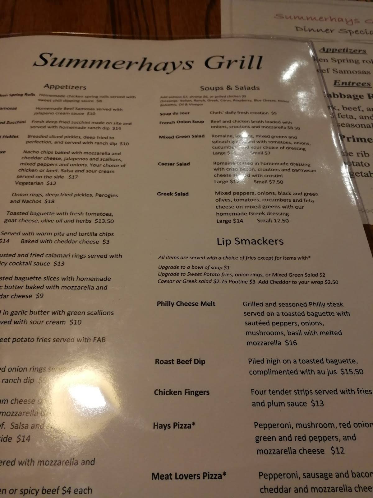 Menu at Summerhays Grill restaurant, Ottawa
