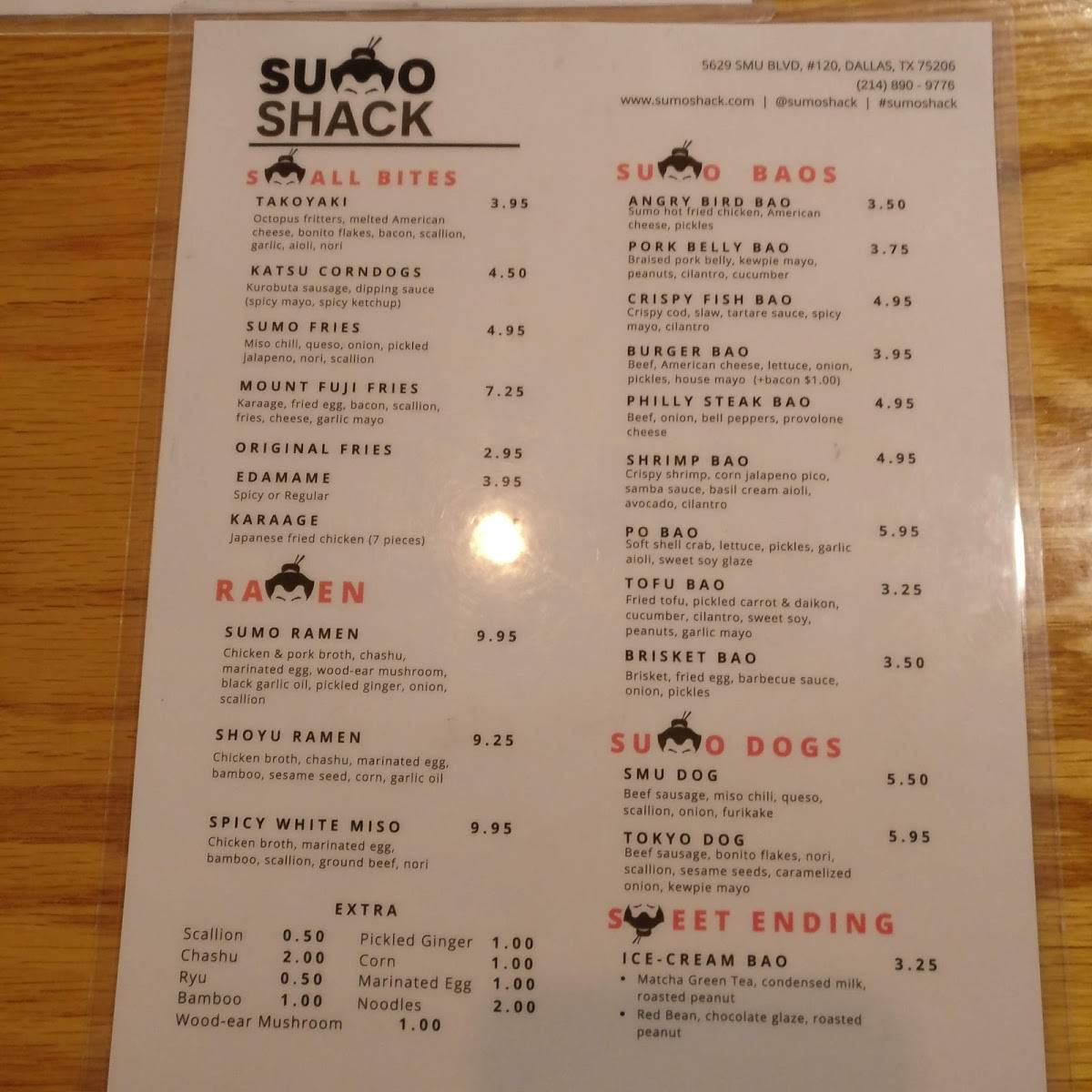 Menu at Sumo Shack restaurant, Dallas