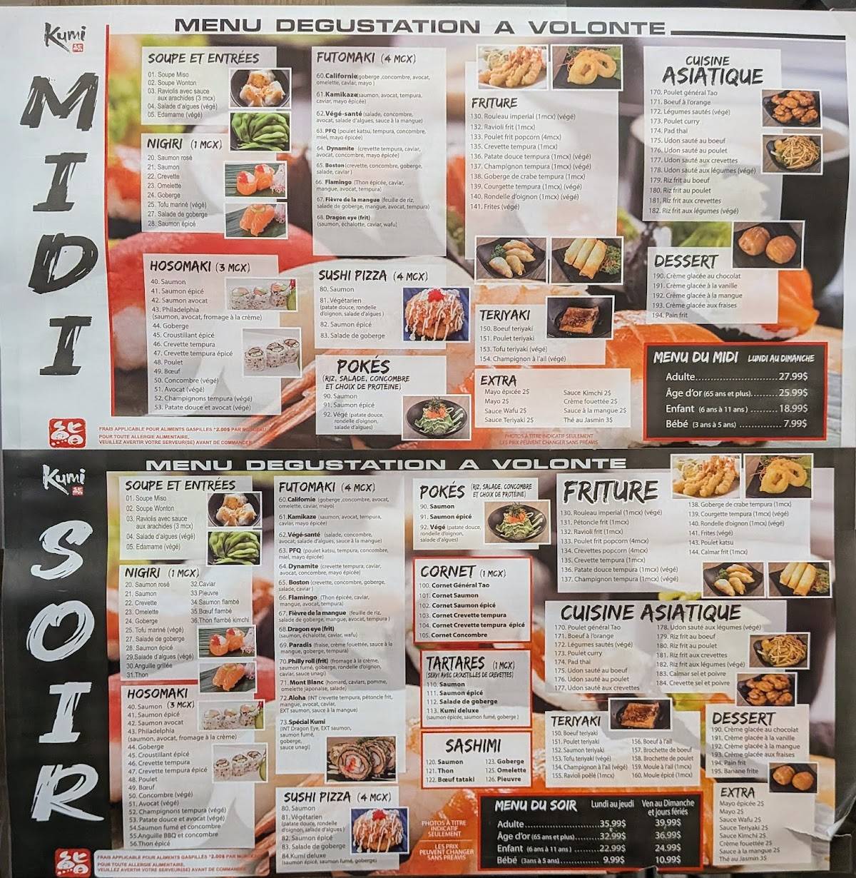 Menu au Sushi Kumi restaurant, Québec, 815 Bd Lebourgneuf